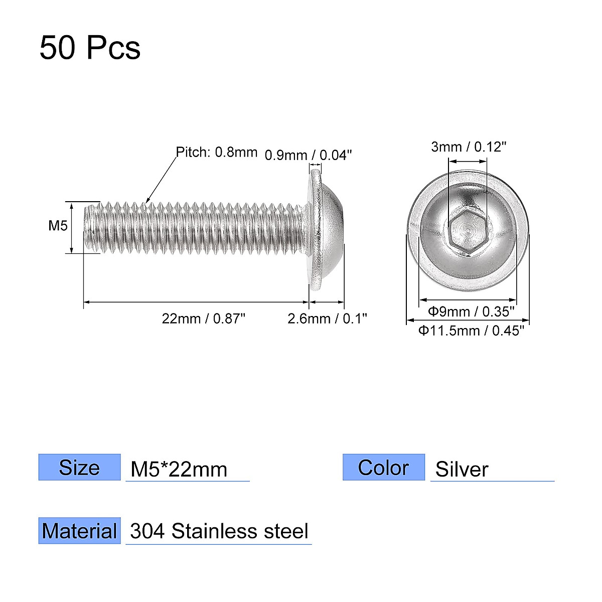uxcell Flanged Button Head Socket Cap Screws, M5*22mm Hex Socket Drive Screw, 304 Stainless Steel Fasteners Bolts, Fully Threaded Machine Screw 50Pcs