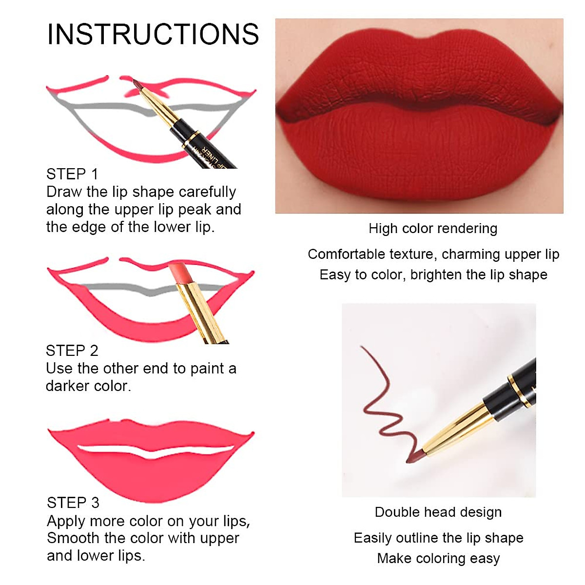 evpct 6Pcs Red Lip Liner and Lipstick Lip Stain Crayon Gift Set for Women DNM Dark Deep Red Nude Long Lasting 24 Hour Matte Color Stay, labiales mate 24 horas originales