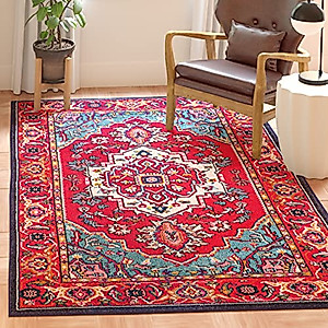 SAFAVIEH Monaco Collection Area Rug - 5'1" x 7'7", Red & Turquoise, Boho Oriental Medallion Design, Non-Shedding & Easy Care, Ideal for High Traffic Areas in Living Room, Bedroom (MNC207C)