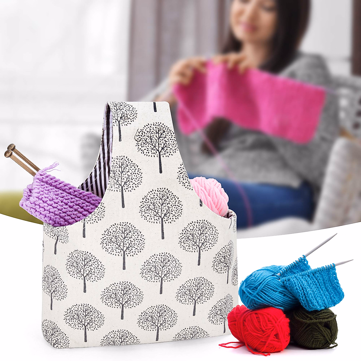 Teamoy Knitting Tote Bag(L12.2 x W7.5), Travel Project Wrist Bag for Knitting Needles(up to 11 Inches), Yarn and Crochet Supplies,Perfect Size for Knitting on The Go (Small, Tree)