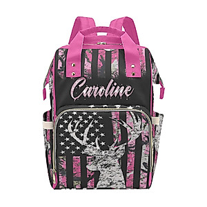 Custom Diaper Bag Backpack - Camo Flag Deer Pink Baby Girl Diaper Bag Backpack for Dad Boy Men with Name