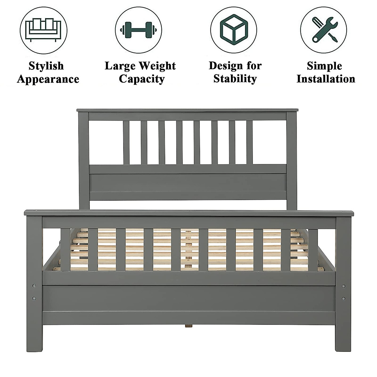 Merax Full Bed Frame,Wood Platform Bed with Headboard,Full Size Bed Frame for Kids,No Spring Box Needed (Grey Full Bed)