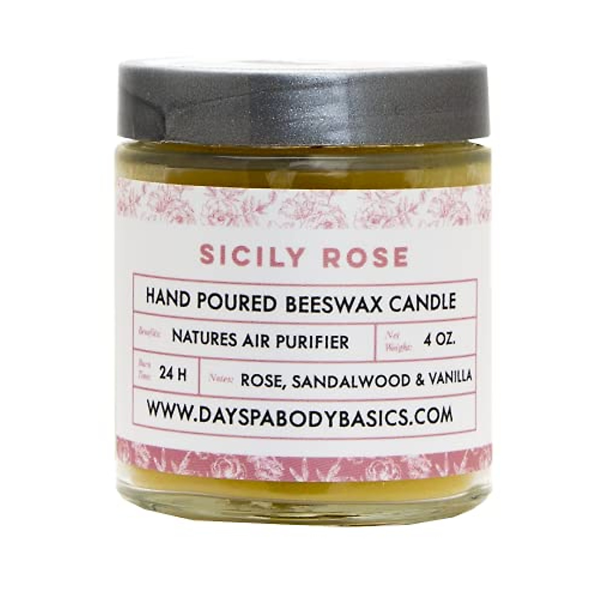Sicily Rose Hand-Poured Beeswax Candle - All-Natural, Cotton Braided Wick, Chemical-Free, Smokeless, Cleans Air, Non-Toxic, Non-Polluting, Non-Allergenic, Handmade in USA