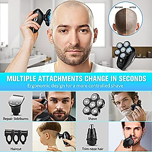 Head Shaver for Men, Upgrade 6-in-1 Mens Electric Shaver Bald Head Shaver Cordless Razor for Men IPX7 Waterproof Rotary Shaver Grooming Kit, Face Head Shaver with Nose Hair Sideburns Trimmer(Silver)