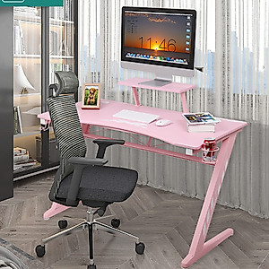 ErgoDesign Gaming Desk with Z Shaped Legs, Professional Game Work Station, PC Gamer Table with Stand Cup Holder & Headphone Hook (White/Pink)