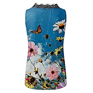 Long Tshirts for Women Women Floral/Butterfly Print Summer Tops V Neck Flowy Tank Tops Lace Trim V Neck Blouse Tunic Cute Vacation Outfits Flowy Blouses for Women