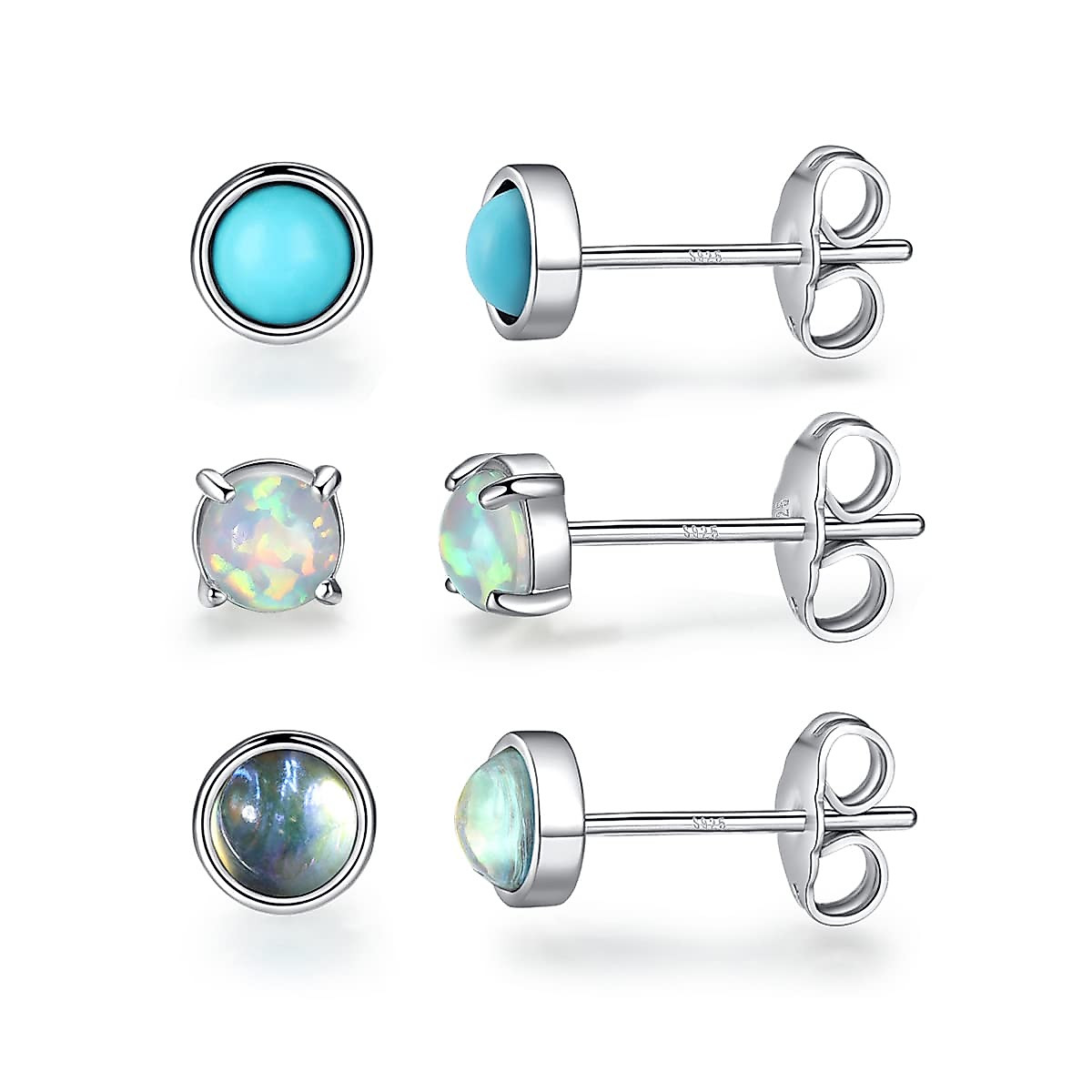 Tsnamer 4mm Hypoallergenic 925 Sterling Silver Post Stud Earrings for Womens Second Hole Earrings for Women Opal Turquoise Moonstone Stud Earrings Jewelry Earrings for Sensitive Ears(3 Pair/set)