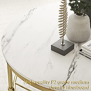 Gezen Round Coffee Table for Living Room, 2-Tier Modern Coffee Table with Open Storage Shelf, Industrial Rustic Steel Accent Table, Wooden Tabletop, Metal Frame - Marble White with Gold Frame