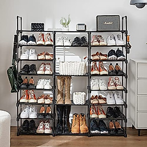EXQ Home Black Metal Shoe Rack for Closet,8 Tiers Free Standing Shoe Racks for Entryway with Side Hooks,50 Pairs Shoe Rack and Boots Shelf, Tall Shoe Organizer for College Dorm, Door and Garage