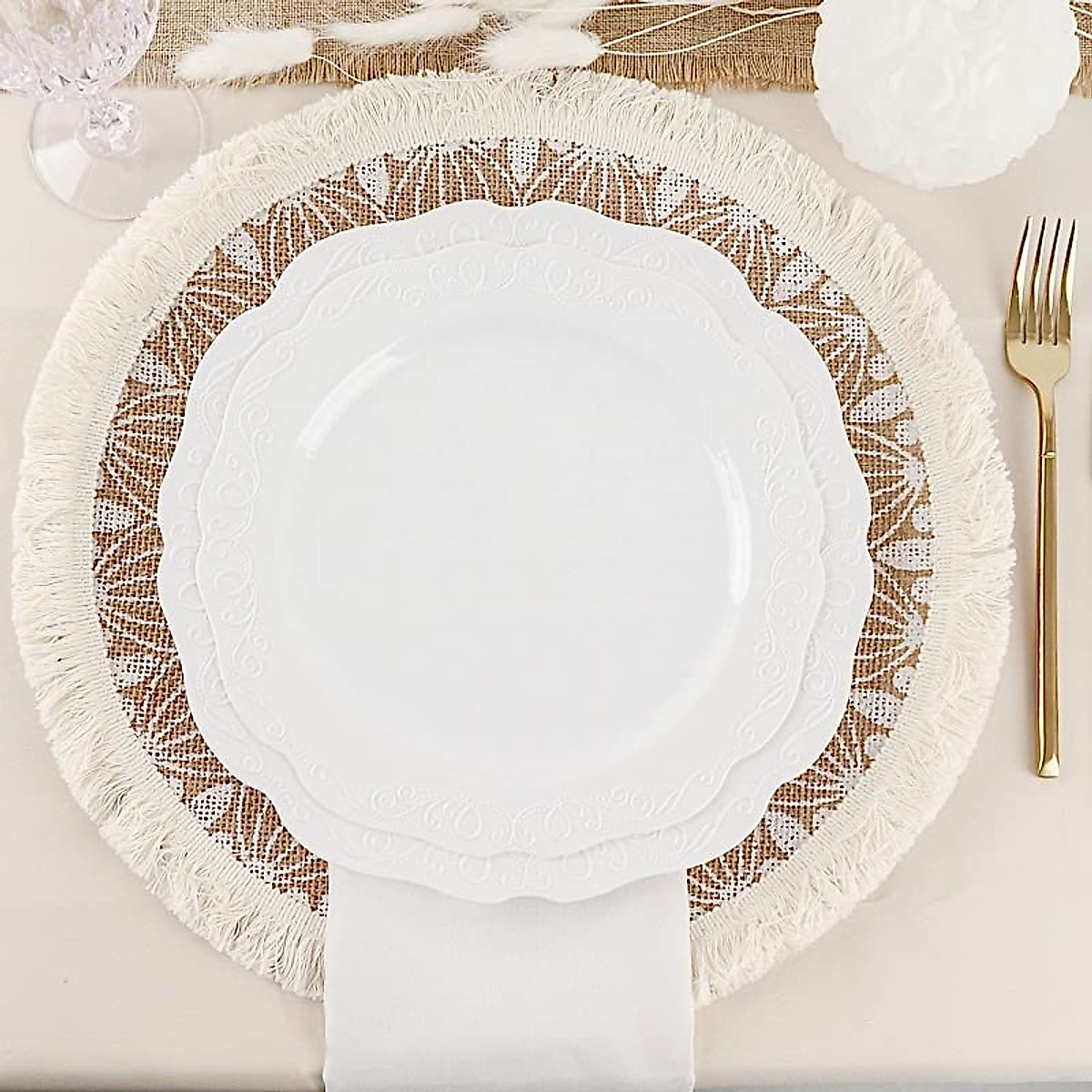 BalsaCircle 4 Natural 15 in Round Burlap Jute Placemats White Mandala Print Fringe Trim Wedding Party Events Decorations Supplies