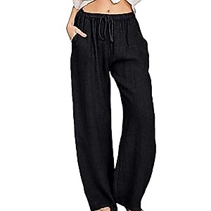 utcoco Women's Cotton Linen Drawstring High Waisted Pants Casual Loose Fit Wide Leg Trousers (L, Black)