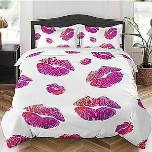 Duvet Cover Queen Size, Red Pink Sexy Makeup Bedding Set with Zipper Closure for Kids and Adults, Woman Valentine Purple Comforter Cover with 2 Pillow Shams for Bedroom Bed Decor
