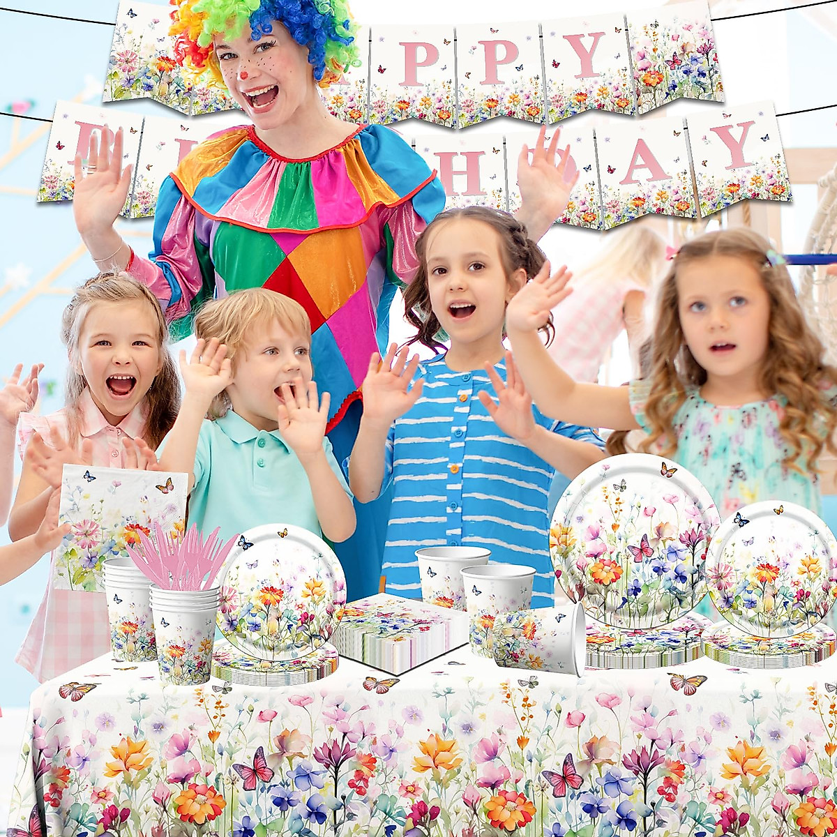 Wildflower Baby Shower Decorations,142Pcs Wildflower Baby in Bloom Plates and Napkins,Tablecloth,Cup Butterfly Floral Theme Table Decorations for Bridal Shower Birthday Party