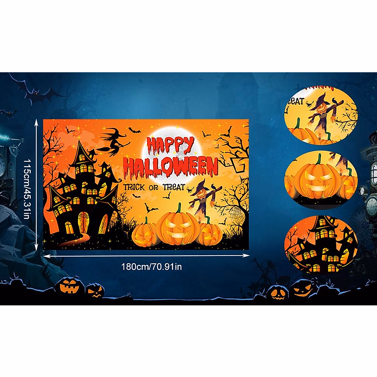 Halloween Party Decorations, Large Fabric Halloween Backdrop Pumpkin Lantern Cemetery Gate Spooky Night Banner Orange Moon Pumpkin Castle for Scary Halloween Party Supplies (Orange)