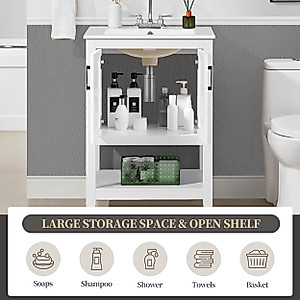 Yaheetech 24" Modern Bathroom Vanity with Sink, Bathroom Sink Cabinet with Rectangular Ceramic Basin, Bathroom Vanities Cabinet with 2 Doors and 1 Open Shelf, White