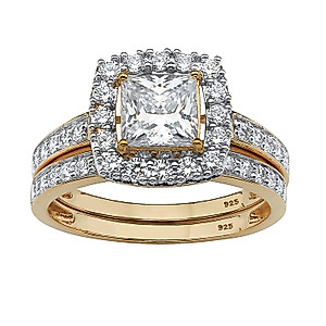 PalmBeach Yellow Gold-Plated Rose Gold-Plated or Platinum-Plated Sterling Silver Princess Cut Cubic Zirconia Halo Bridal Ring Set Size 6