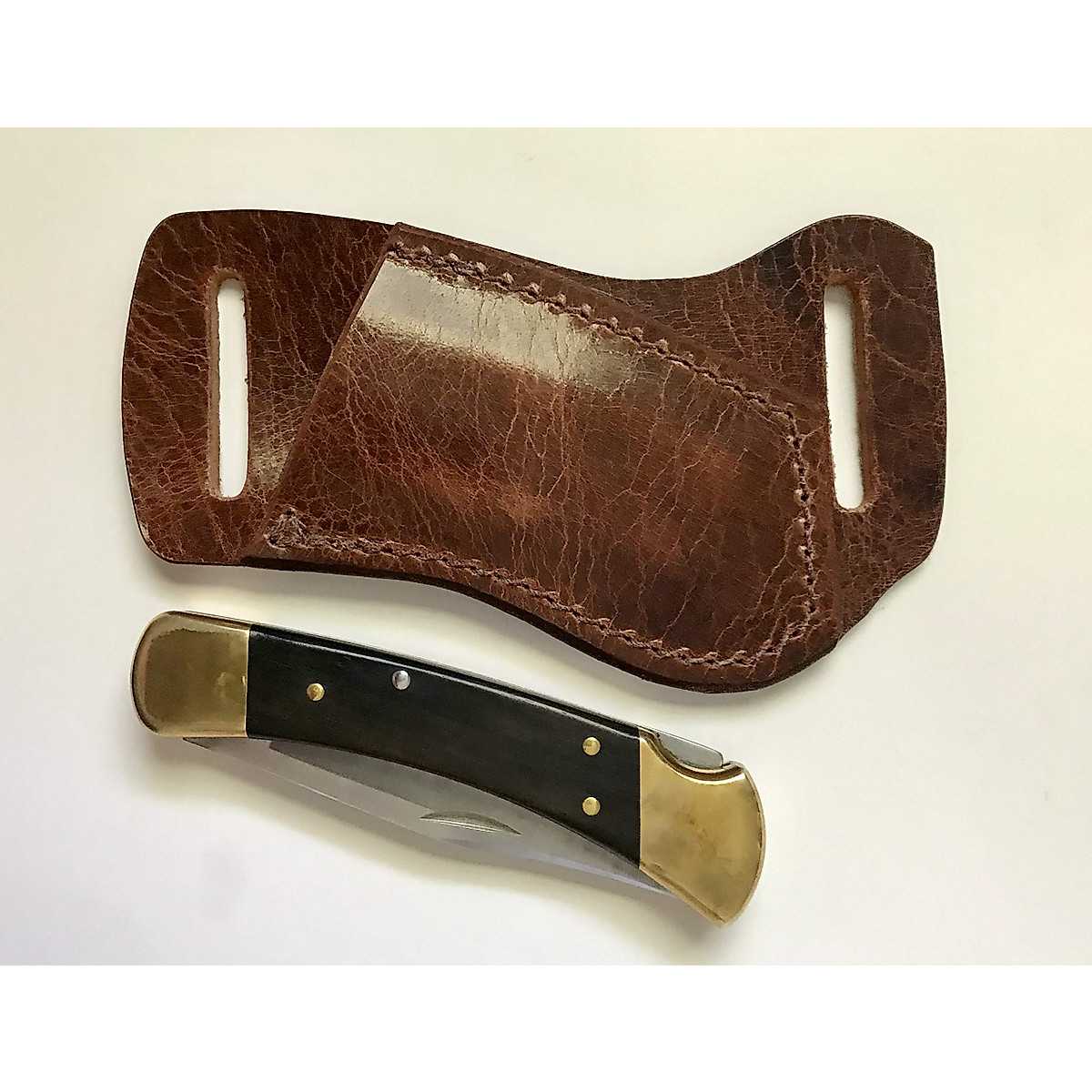 Custom Leather Sheath for Buck 110 or 112 with Water Buffalo Antique Brown Leather Sheath | Left-Hand Cross Draw to fit on Right Side | Strong and Durable | Sheath ONLY