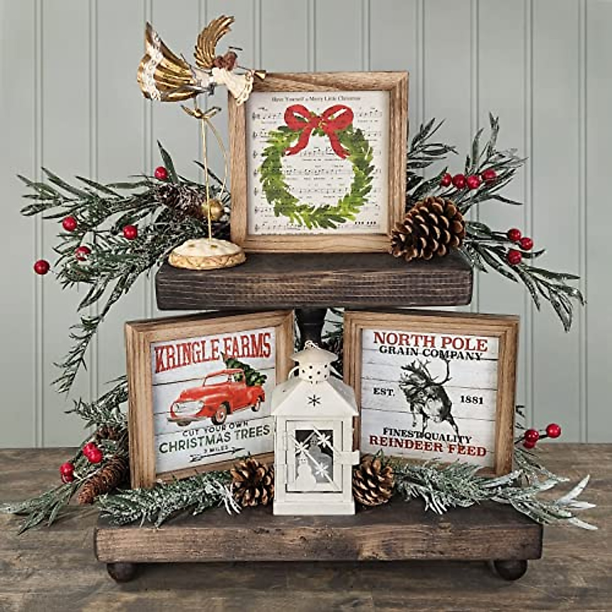 Set of 3 Rustic Wood Frames for Tiered Tray Decor with 36 Seasonal Interchangeable home signs Farmhouse Home Decor for the Spring, Summer, Fall, Winter, Christmas, Easter, Thanksgiving, 4th of July, Halloween, Valentines & St Patrick’s Day, 7x7 in.