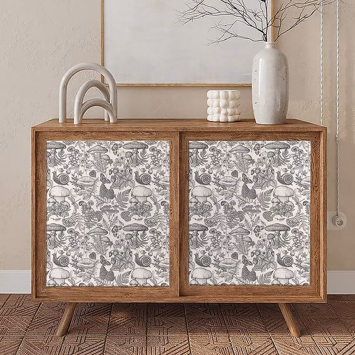 BEETAL Black and White Boho Mushroom Snail Peel and Stick Wallpaper Modern Esay Peel Off Contact Paper Vintage Self Adhesive Removable Stick on Wall Paper for Kitchen Cabinet Furniture Renter Friendly