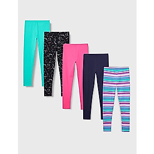 Amazon Essentials Girls' Leggings, Pack of 5, Aqua Green/Black Stars/Navy/Pink/Stripe, Medium
