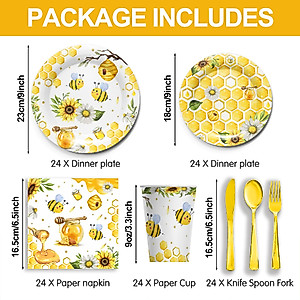 Piooluialy Bee Tableware Party Decorations - Bumble Bee Party Supplies Include Plates, Cups, Napkins, Cutlery, Honey Bee Birthday Baby Shower Party Decorations | 24 Guests