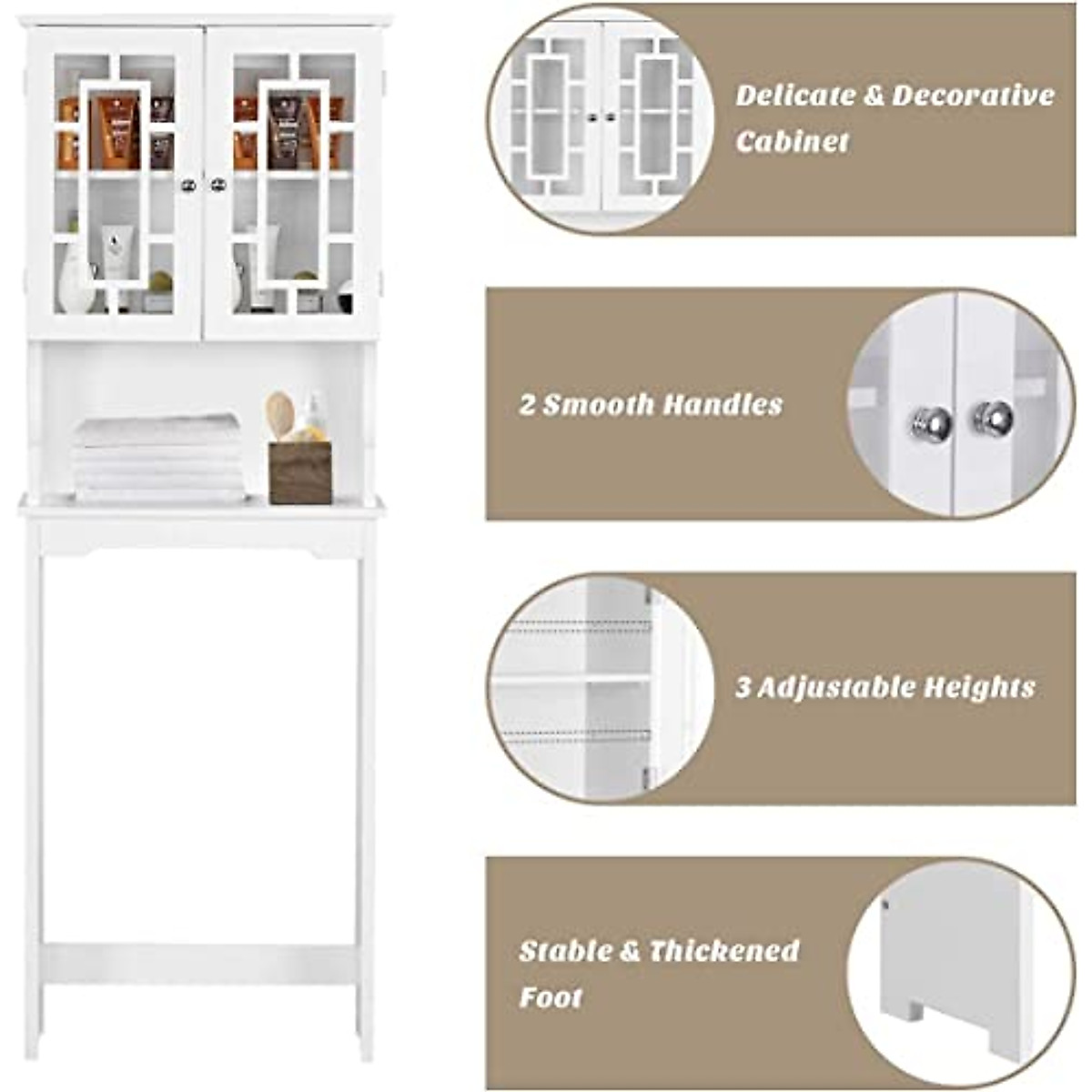 MEDIMALL Over The Toilet Storage Cabinet, Bathroom Space Saver w/ 2 Doors, Inner Adjustable Shelf & Open Storage Space, Anti-Tip Design, Organizer Over Toilet for Most Standard Toilets (White)