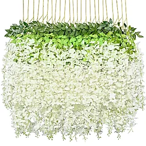 24 PCS Wisteria Artificial Flower 3.6 Feet Vine Ratta Hanging Garlands Silk Flowers String with 2 Pack Artificial Flowers Garland for Home Party Wedding Garden Outdoor Ceremony Greenery Wall White