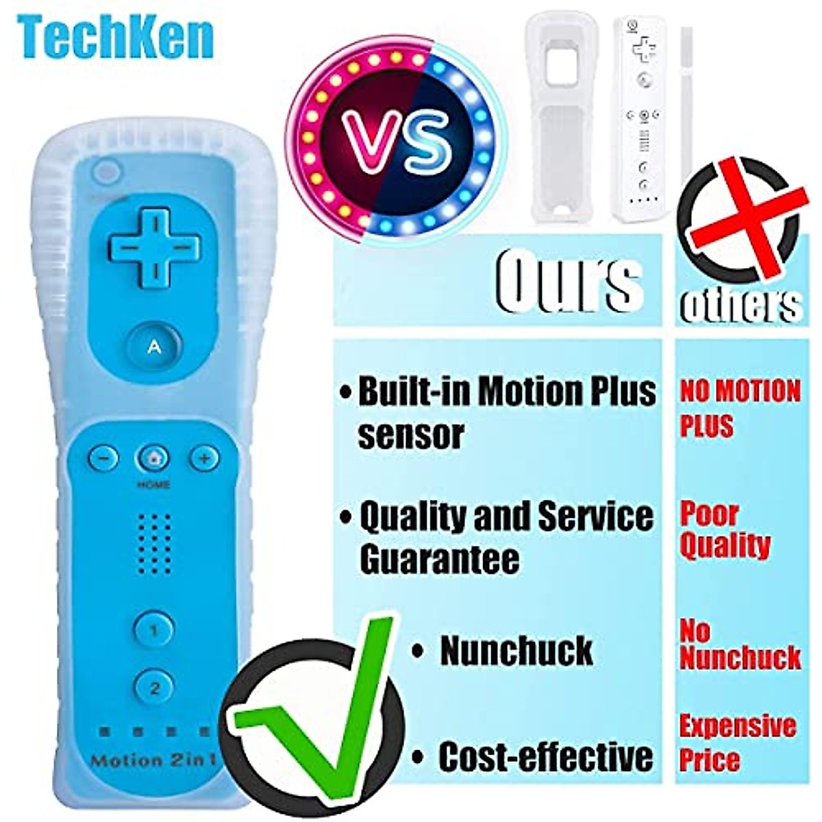 TechKen Wii Controller, Set of 2 Wii Remote with Nunchuck