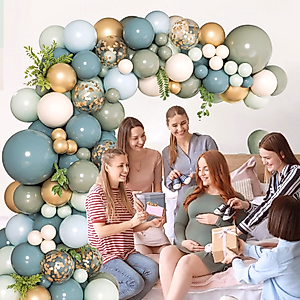 152Pcs Dusty Blue Sage Green Balloons Garland Arch kit, Sage Green Dusty Blue Pastel Green Sand White and Gold Balloons for Boho Bridal Shower Wedding Woodland Birthday Baby Shower Decorations