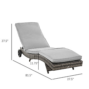 Outsunny Wicker Chaise Lounge Pool Chair, Outdoor PE Rattan Cushioned Patio Sun Lounger w/ 5-Level Adjustable Backrest & Wheels for Easy Movement, Mixed Gray