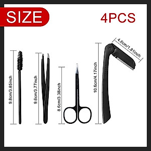 YEEPSYS 4 Pcs Eyebrow Tweezers Kit with Scissors, Eyelash Brush &Eyebrow Razor, Stainless Steel Tweezers for Women and Men Facial Hair, Beard, Brow