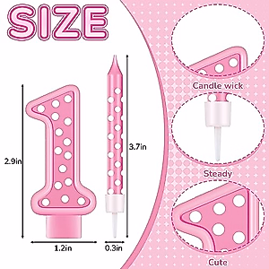 Birthday Candle Number 1 Girls 3 Inch Hot Pink Candle and 6 Pcs Polka Dot Birthday Candles 3.8 Inch First Party Cake Birthday Decorations for Girl