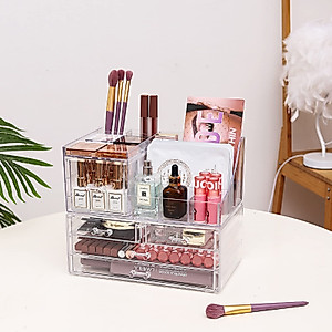 Cq acrylic 2 Pack Clear Make up Organizer Countertop,Stackable 5 Drawers Makeup Storage,Cute Vanity Organizers for dresser Hair Clip,Jewelry,Beauty Product Desk and Bathroom Organizers and Storage