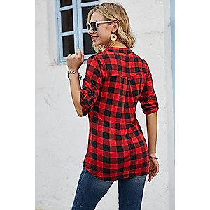 Ninedaily Plaid Shirts for Women, Gifts for Women Shirts Happy New Years Shirts Christmas Outfits 2023 Casual Extra Long Dressy Tunics to Wear with Legging Loose Hem Black and Red Plaid Shirt Size XL