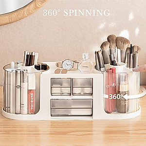 STORICANS 360 Rotating Makeup Brush Holder with 3 Drawers, Makeup Organizer Countertop with 10 Slots Pencil Holder for Countertop + 3 Drawer, Makeup Organizer Countertop for vanity (White (3 Drawer))