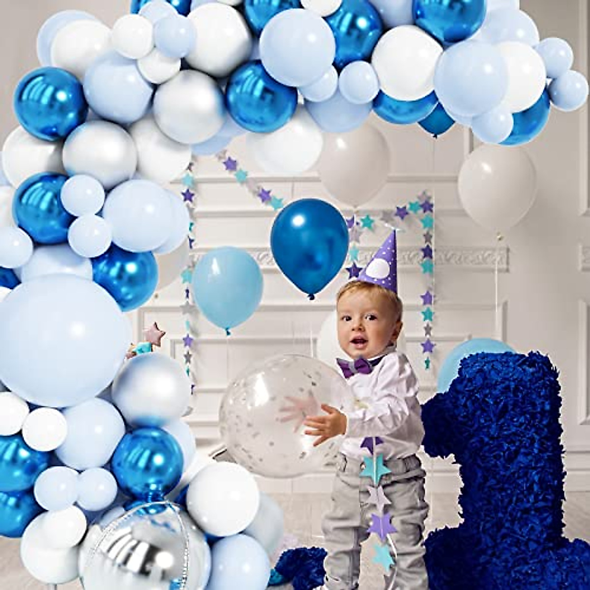 RUBFAC 147pcs Blue Balloon Garland Arch Kit Metallic Pastel Blue White Latex Balloons and 4D Silver Balloons Set for Baby Shower Wedding Birthday Party Background Decorations