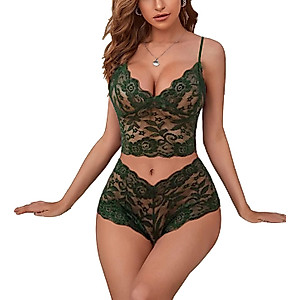 Lilosy Sexy Women Floral Lace Pajamas Lingerie Set High Waist Sheer Sleepwear See Through Nightwear Cami Shorts Bra and Panty 2 Piece Army Green Large