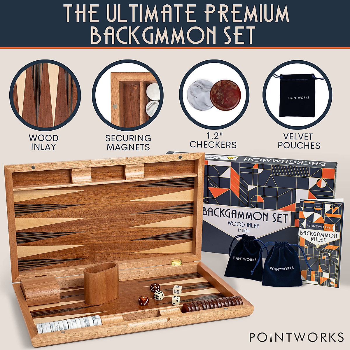 Pointworks 17 Inch Backgammon Sets for Adults. Beautiful Wood Inlaid Backgammon Board Game Set with Unique Checkers & Dice. Large Travel Backgammon Set for Adults, Backgammon Game for 2 Players