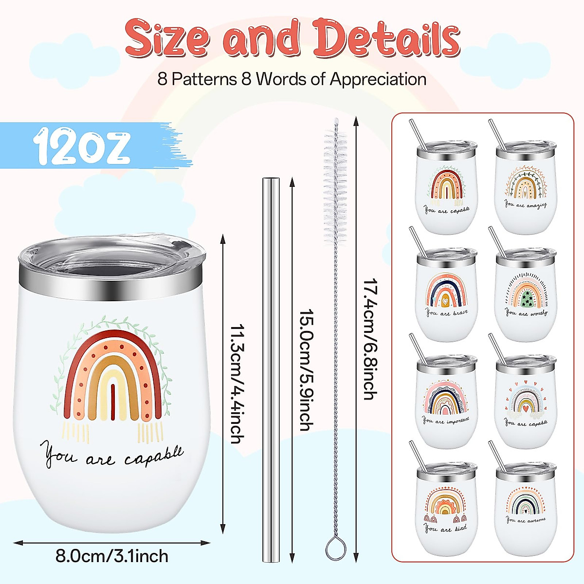 Mifoci 8 Pcs Inspirational Gifts for Women Bulk 12 oz Boho Rainbow Wine Tumbler Cups Vacuum Insulated Stainless Steel Coffee Mugs with Lids Straws Brushes Thank You Gifts for Coworkers Teacher Friend