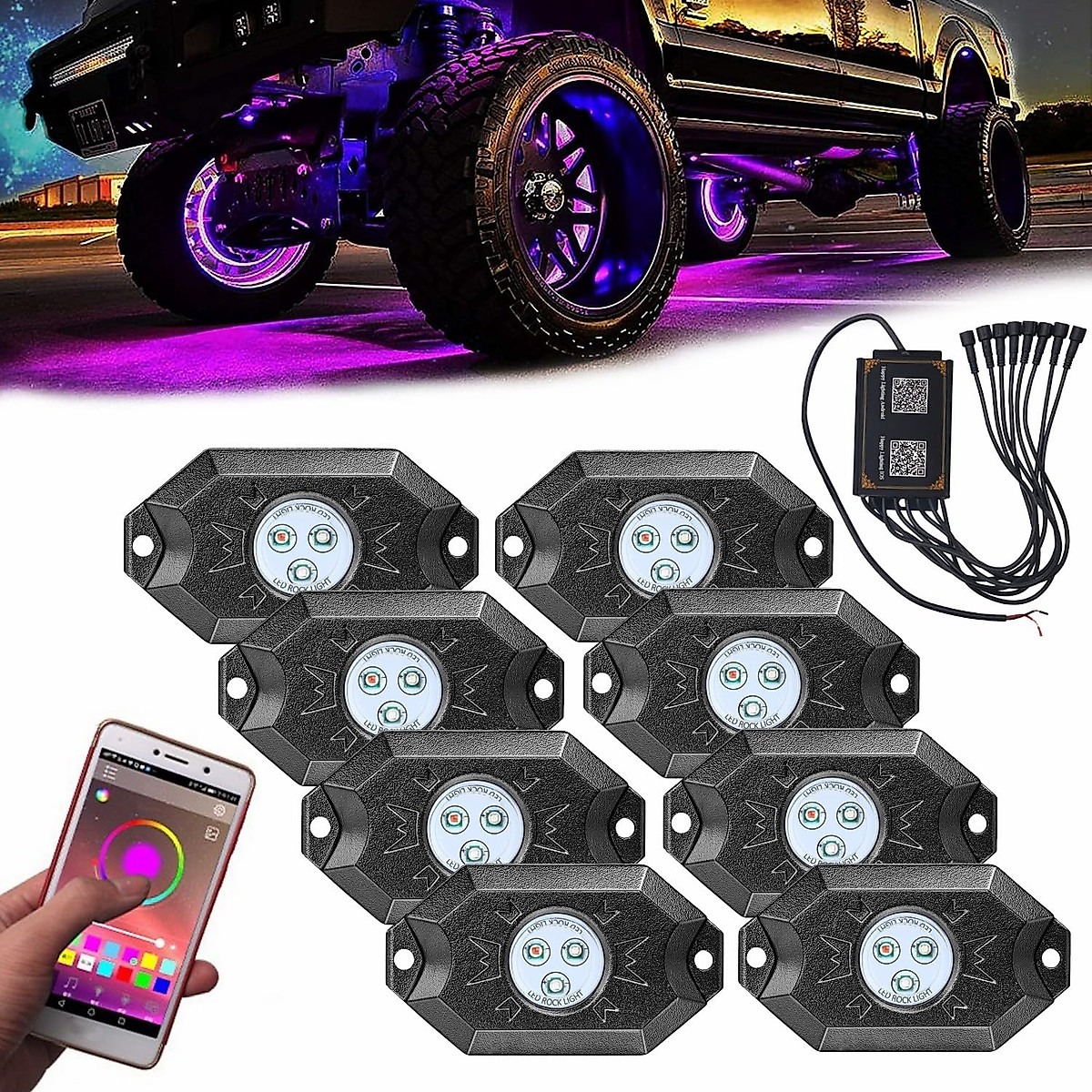 Avenemark Waterproof Neon Light 8 Pods RGB LED Rock Lights with Bluetooth App Control Music Modes Timing Function Wheel Well Light for Car Truck ATV SUV Boat