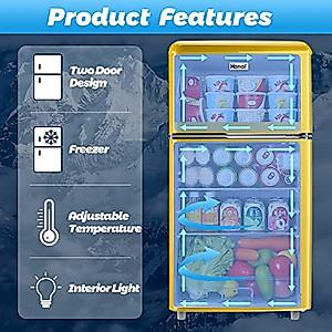 WANAI MIni Freezer 3.2 Cu.Ft Refrigerator 2 Door 7 Level Adjustable Thermostat Control Top-Freezer Refrigerator Lock Fresh Energy Saving Yellow