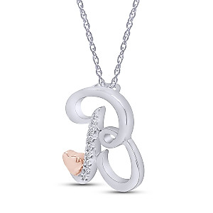 Jewel Zone US Two Tone Sterling Silver Natural Diamond Accents A - Z Initial & Heart Pendant Necklace