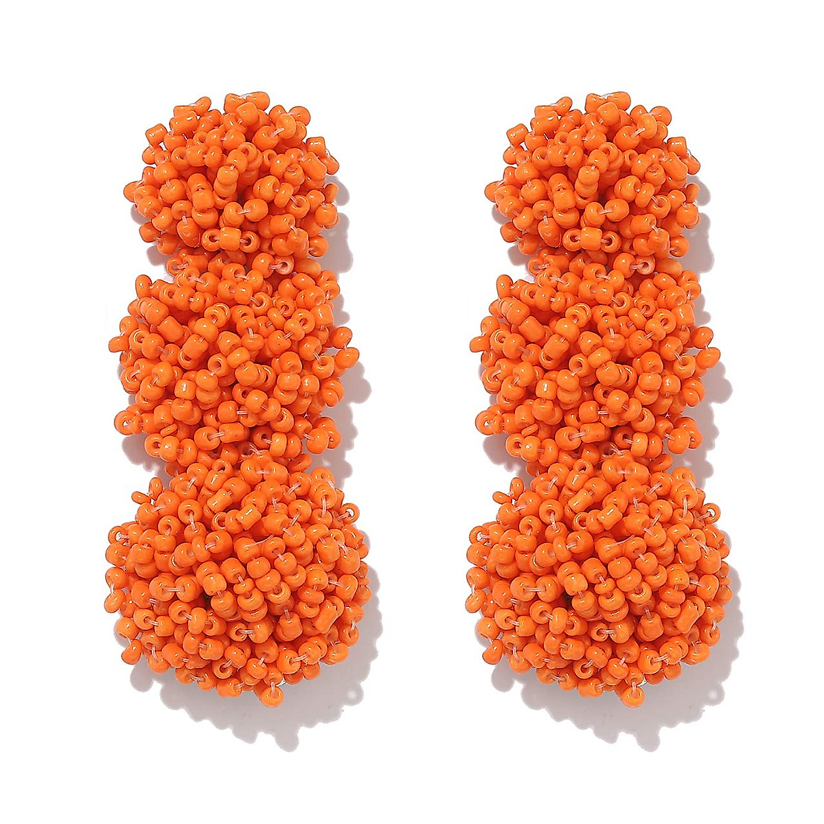 Statement Beaded Earrings Bohemian Handmade Layered Drop Dangle Earring Long Triple Acrylic Seed Bead Stud Earring for Women (Orange)