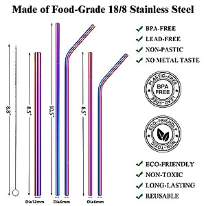 POLIGO 16pcs Reusable Stainless Steel Straws, Colorful Rainbow Drinking Straws, Iridescent Metal Straws with Portable Case and Cleaning Brushes for 20, 30 Oz Yeti Tumbler, Smoothies and Bubble Tea