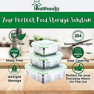 Healthwayz Stainless Steel Food Containers Set of 3 Stackable Lunch Boxes Sandwich Salad Containers for Kids Adults Kitchen Storage Leak Proof BPA-Free Eco Friendly Bonus Recipe eBook & Videos