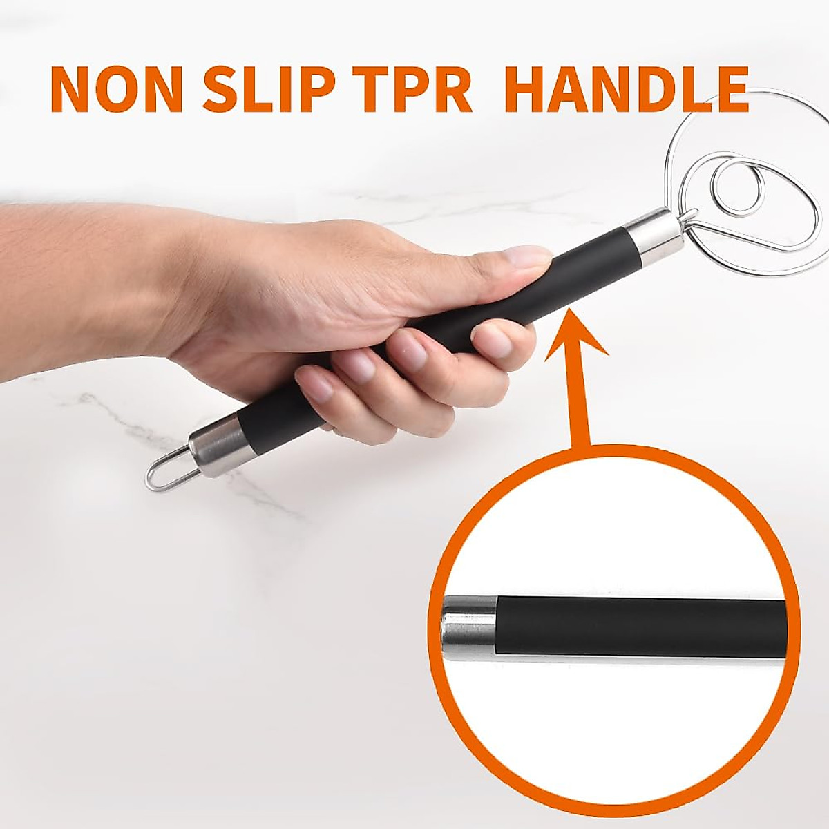 Guowall Stainless Steel Dough Whisk for Dutch Bread with Rubber Anti-Slip Handle 12 inch Dough Blender Mixer Baking Tools for Cake Bread Pizza Pastry Biscuits