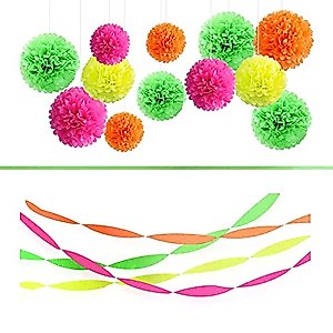 NICROLANDEE Blacklight Party Decorations - 12PCS Fluorescent Neon UV Reactive Glow Tissue Paper Pom Poms & 4Rolls Glow Crepe Paper Streamers for Graduation, Birthday, Fiesta Party, Wedding, Prom Dance