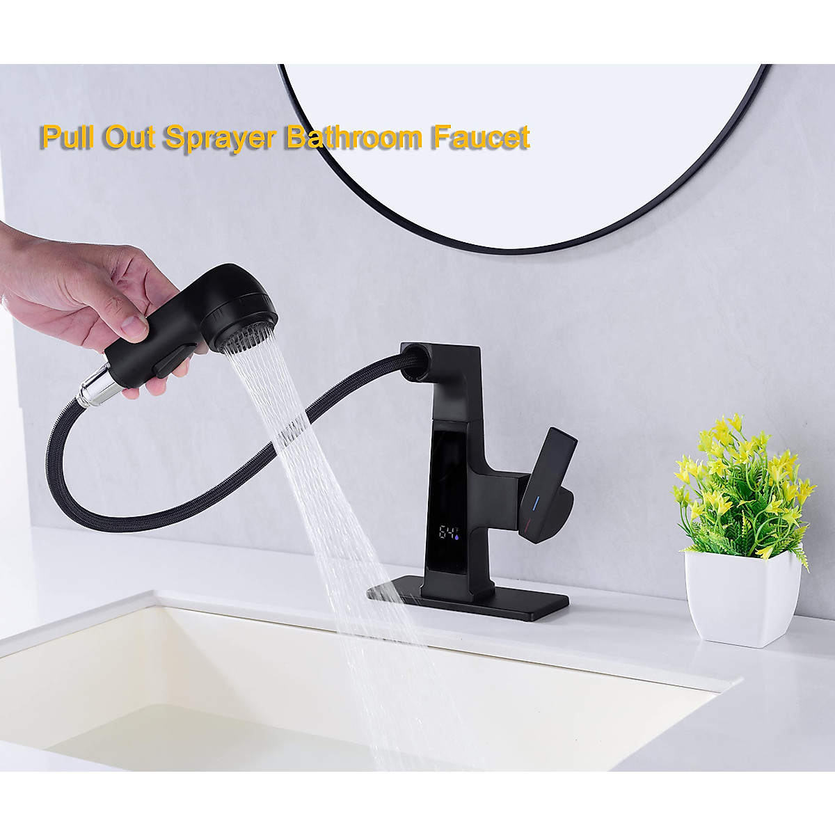 Qeemee LED Bathroom Faucet with Pull Out Sprayer, Matte Black Temperature Digital Display Sink Faucet 5 Water Flow Modes with 360° Swivel Spout Single Handle Lift Brass Faucet