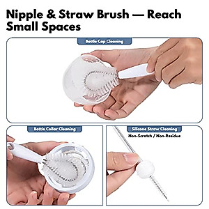 Jumperlay Bottle Cleaning Brush Set with 1 Pack Nipple Brush and 2 Pack Straw Cleaner Brushes and A Hidden Mini Brush, Gray