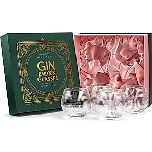 Vintage Art Deco Gin and Tonic Balloon Glasses | Set of 4 | 13.5 oz Stemless Crystal Copas for Drinking Gin Cocktails | Retro Gift Goblets for Gin Lovers | Bubble Cups for Bar Drinks